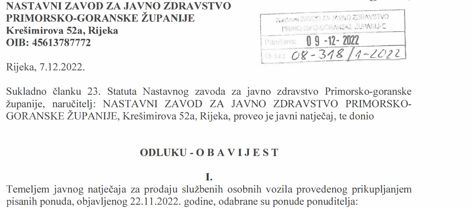 ODLUKA O PRODAJI VOZILA | ZZJZPGŽ